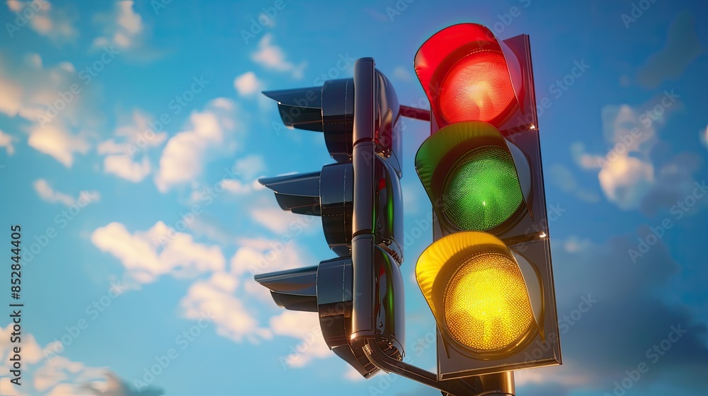 traffic light on a background of blue sky. Red, yellow and green lights ...