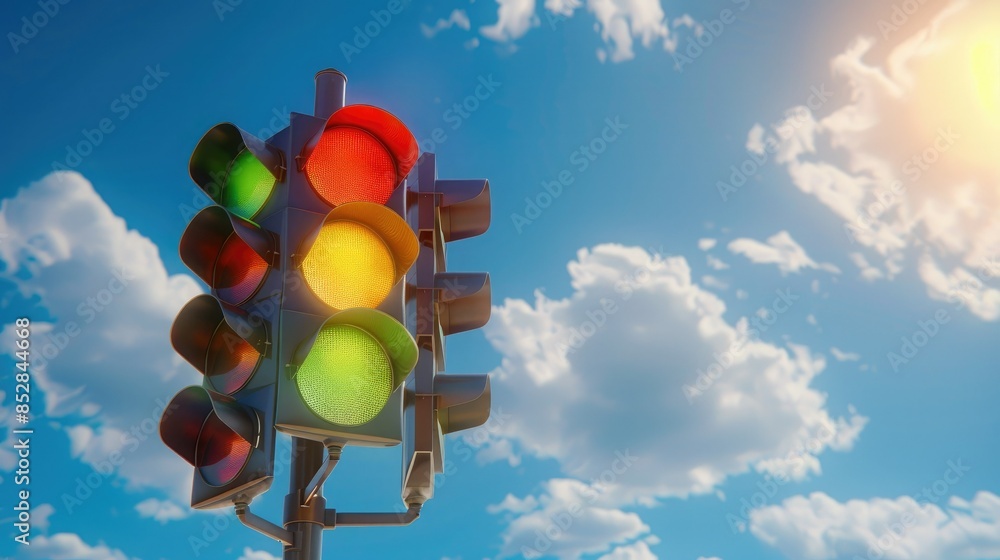 traffic light on a background of blue sky. Red, yellow and green lights ...
