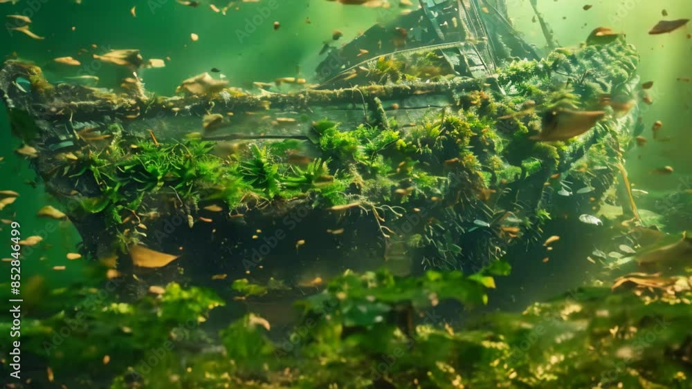 An ancient shipwreck covered in moss is floating in the water, An ...