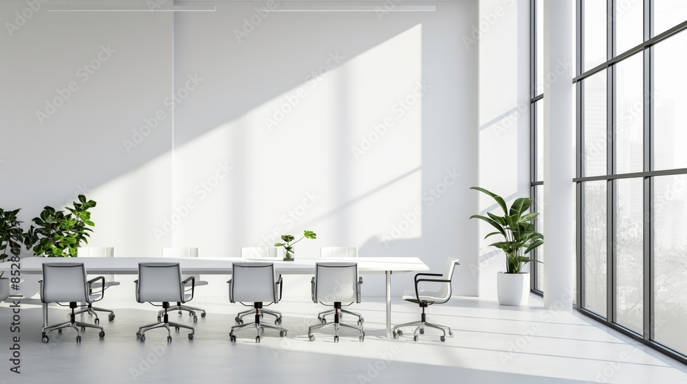 Modern conference room with large windows, minimalistic design, white ...