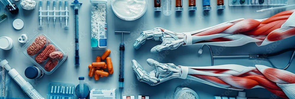 Top view of a medical lab researching and developing advanced muscle ...