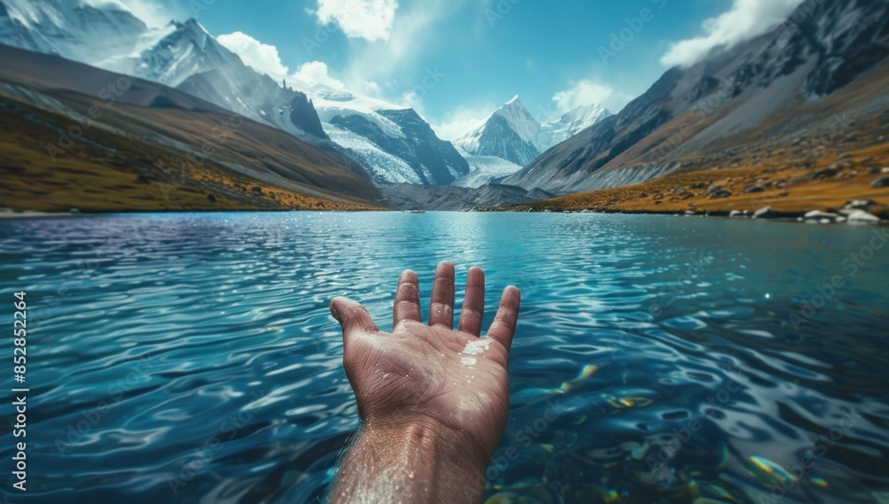 Reflect the harmony between man and nature with a close-up shot of a ...
