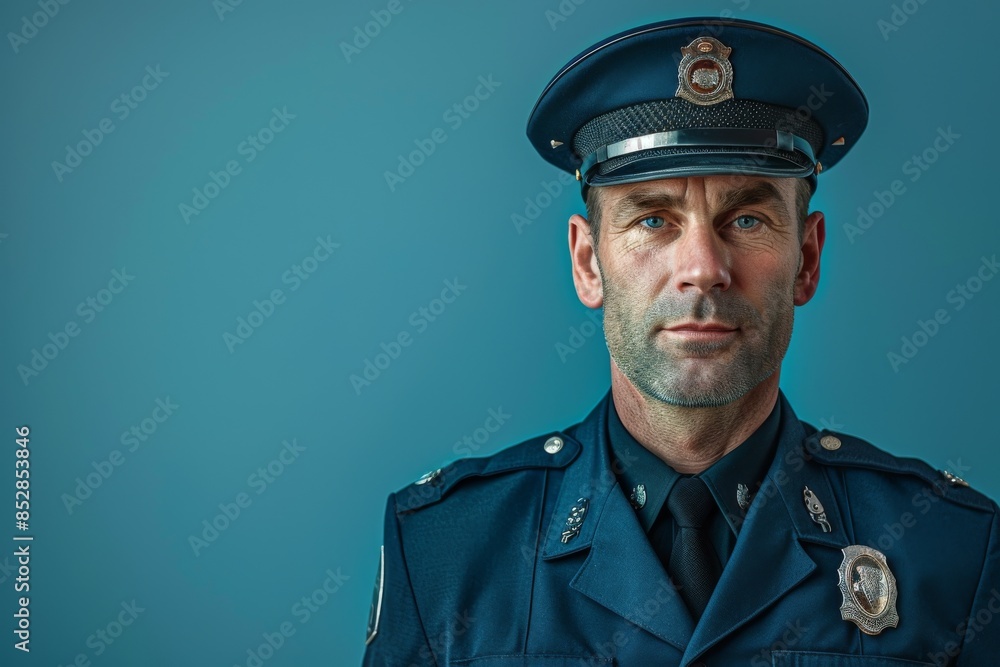 Confident military police officer in full uniform posing against a blue ...