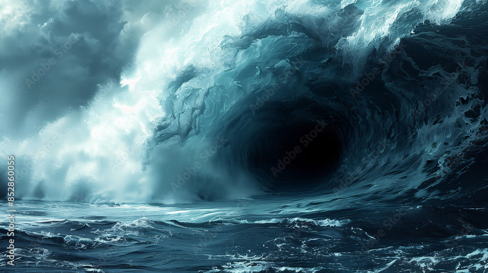 A dramatic and intense image of a massive ocean wave forming a tunnel ...