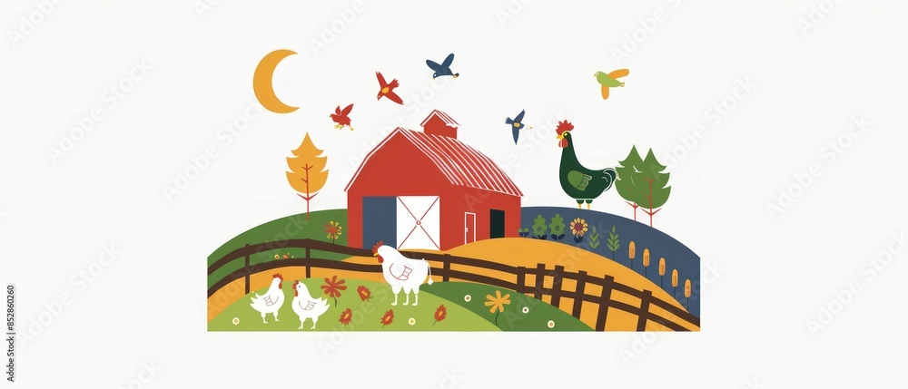 Illustration of full-color farm logo: barn, fields, cows or chickens ...