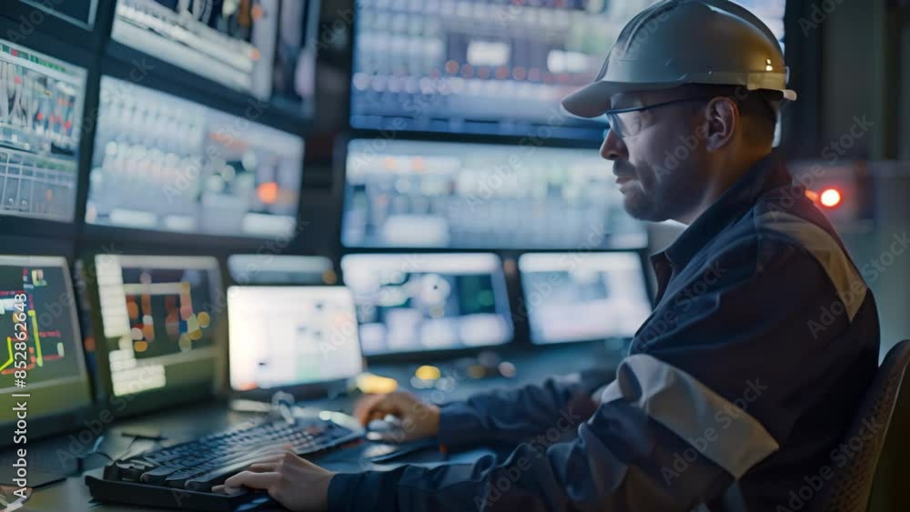 Man in hard hat sitting in front of computer, monitoring SCADA system ...