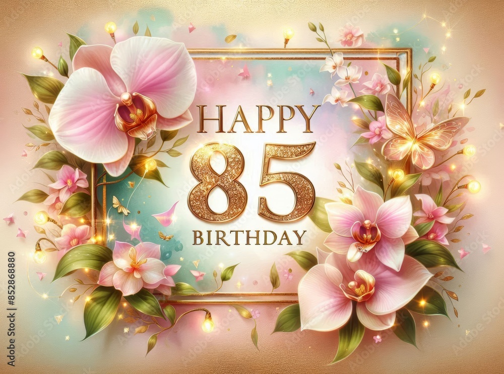 Elegant 85th birthday card with pink orchids and gold accents ...