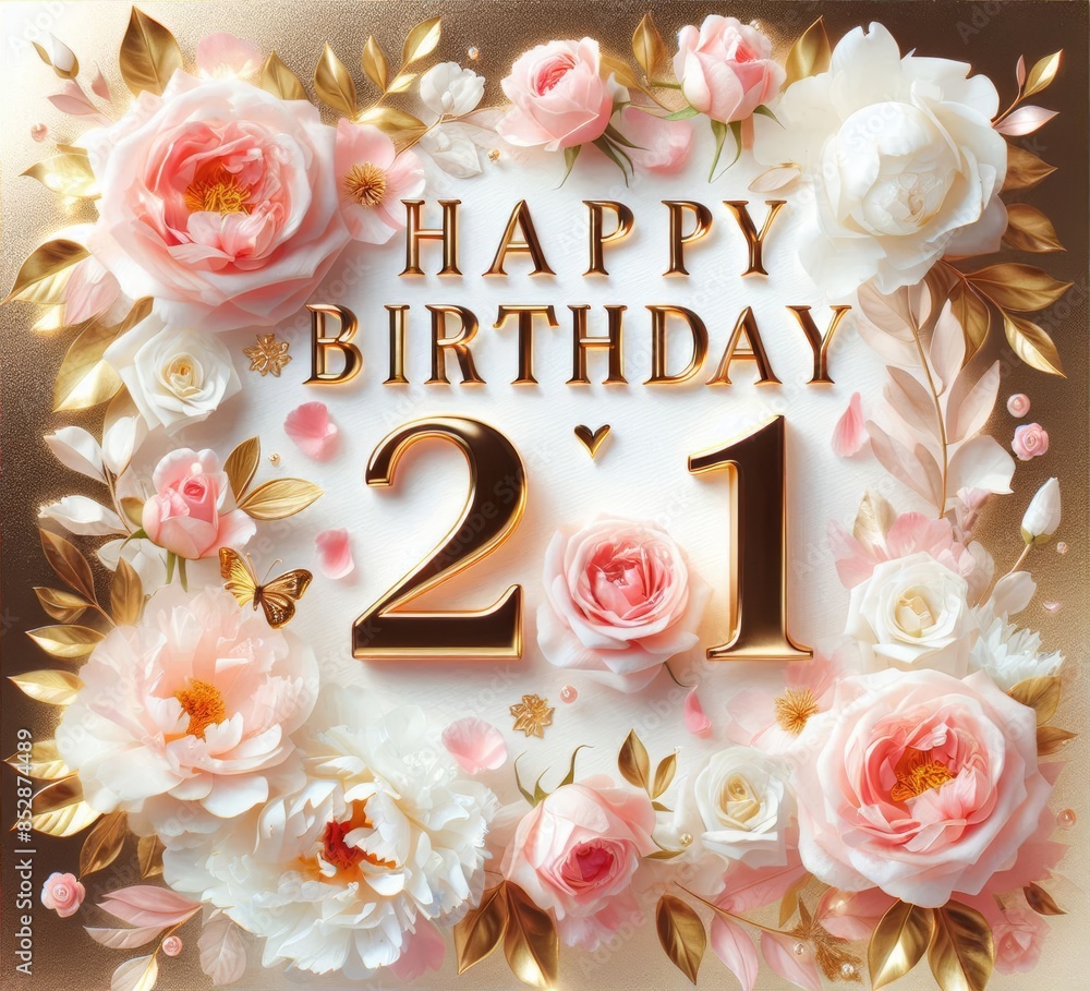 Elegant Happy 21st Birthday card with roses and gold accents, luxurious ...