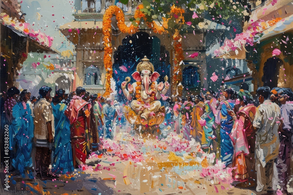 Lord Ganesha seated in an elaborate throne room, depicted with elegance ...