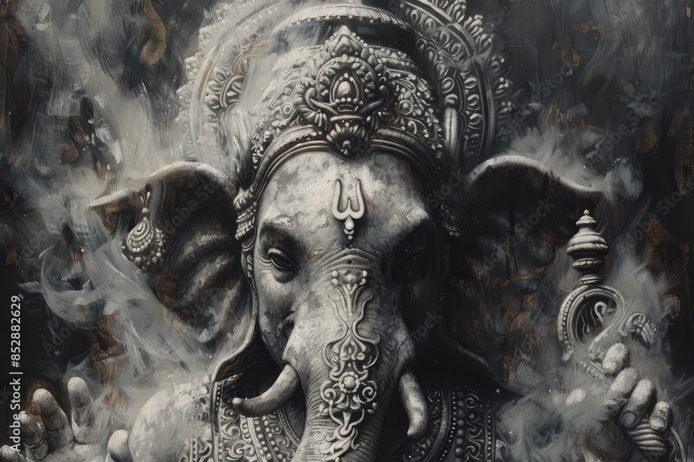 Lord Ganesha seated in an elaborate throne room, depicted with elegance ...