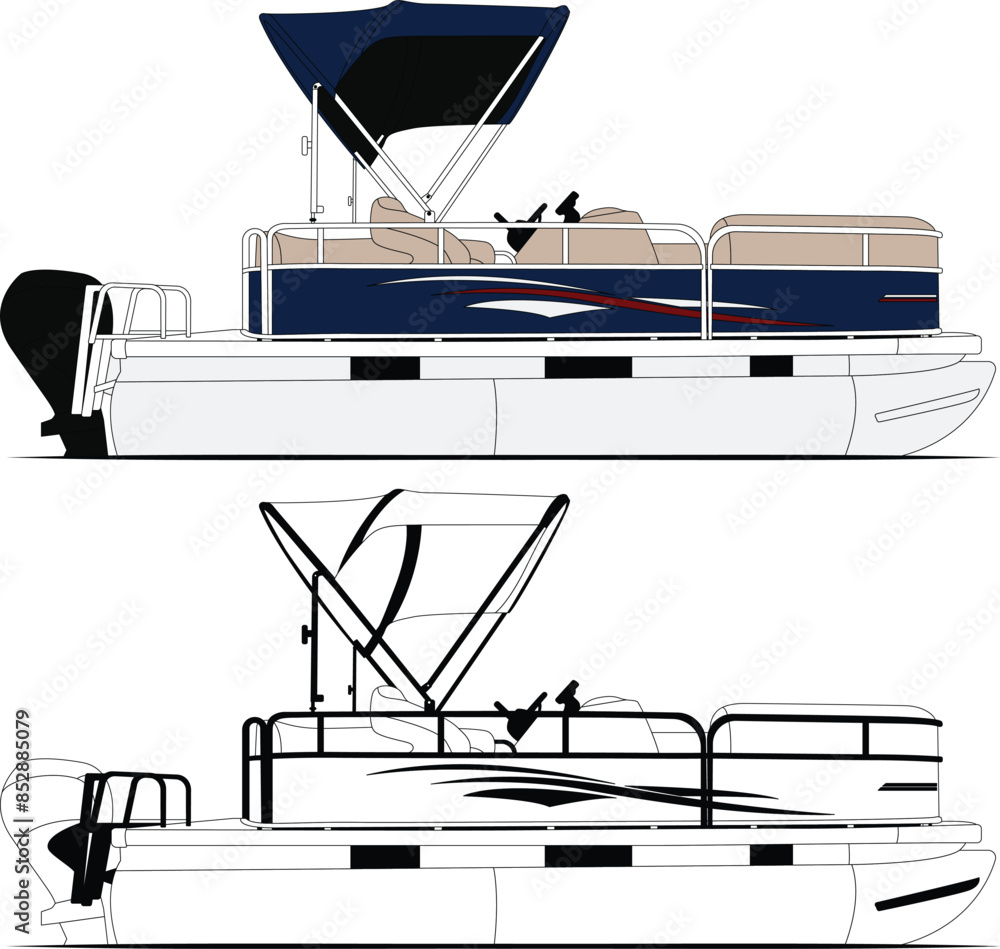 Pontoon boat vector, boat vector, motorboat vector, line art ...