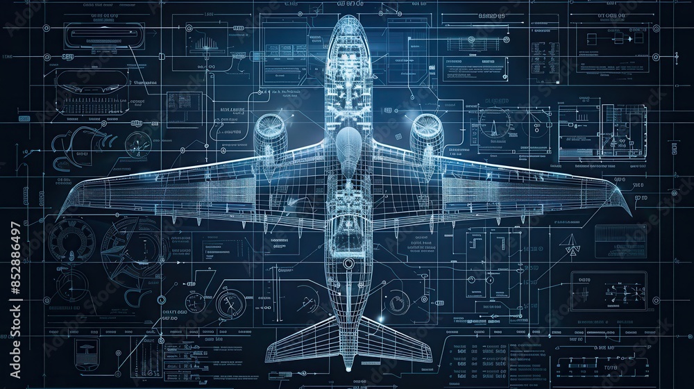 Electric aircraft schematic with detailed components, aerospace ...