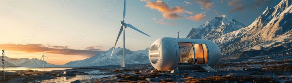 Portable wind turbine in a remote camping site, offgrid energy theme ...
