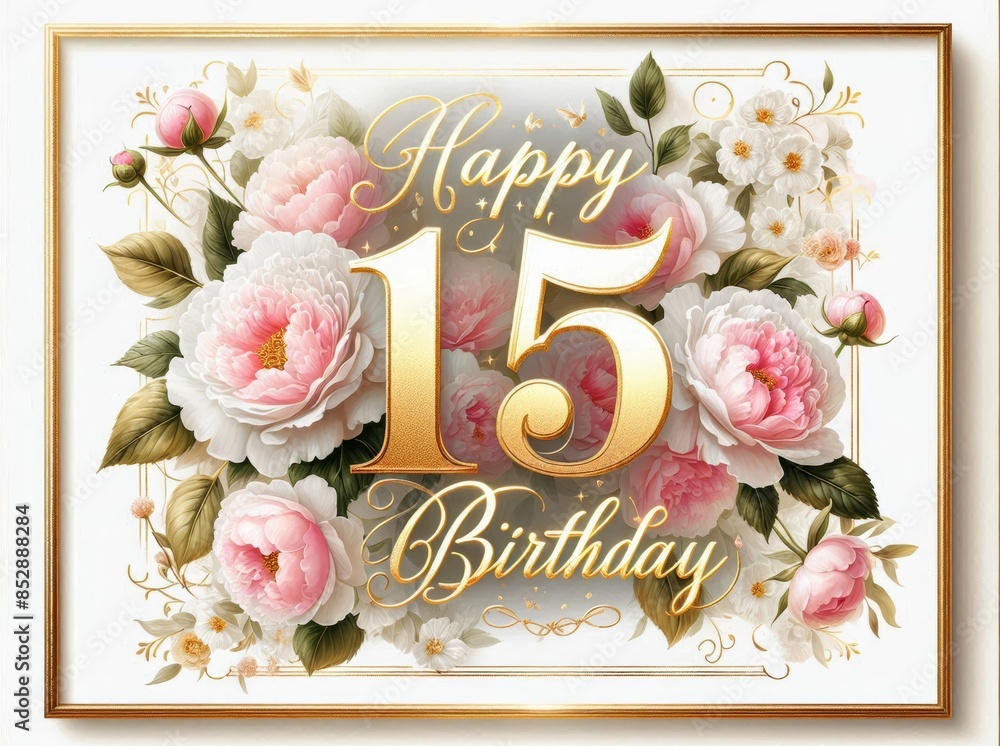 Elegant 'Happy 15th Birthday' greeting card with gold lettering and ...