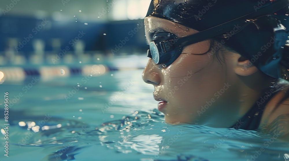 Young woman swimming freestyle in indoor pool, wearing black cap and ...