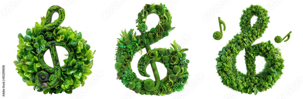 Three green musical symbols crafted from lush foliage, including a ...