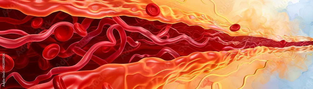 Abstract artistic representation of bloodstream with blood cells and ...