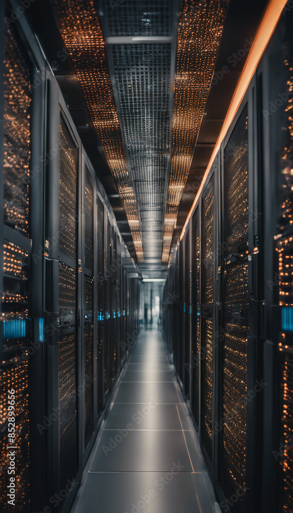 Rows of servers in a busy data center hallway Stock Photo | Adobe Stock