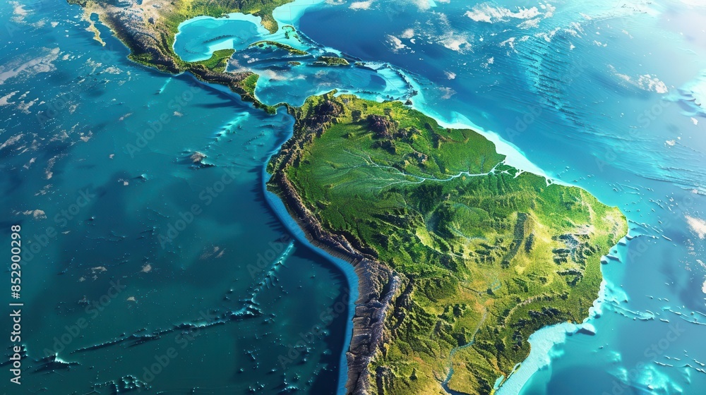 highly detailed physical map of south and central america satellite ...