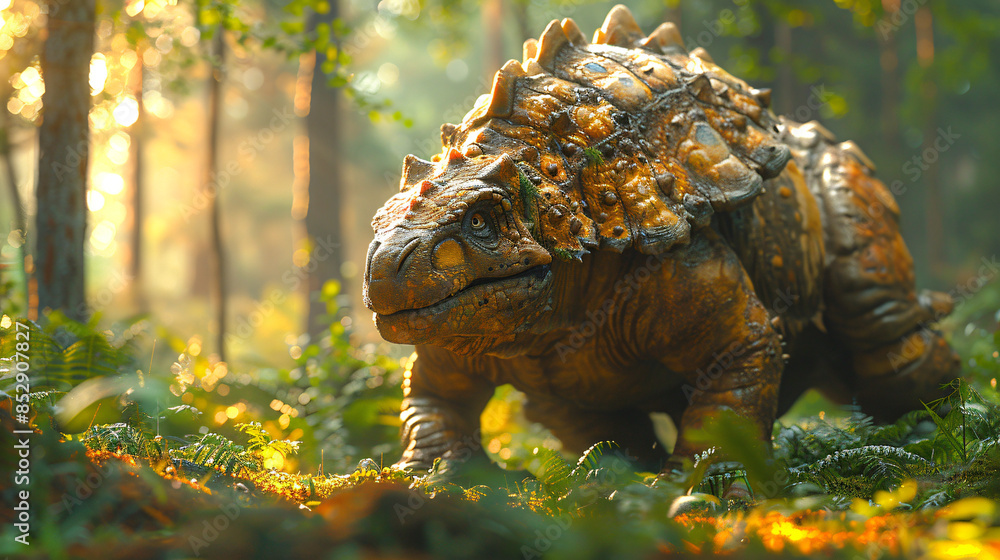 An ankylosaurus with its heavy armor plates and spiked tail, standing ...
