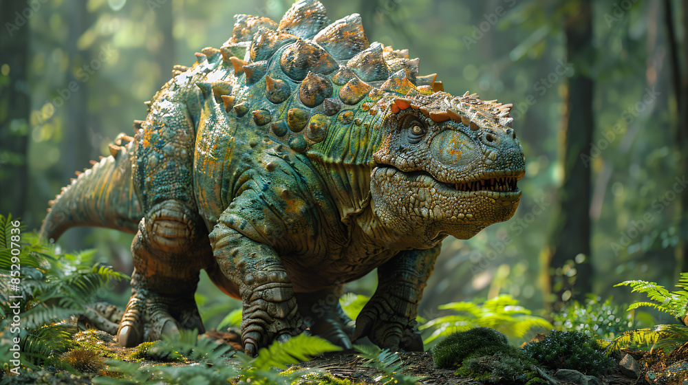 An ankylosaurus with its heavy armor plates and spiked tail, standing ...