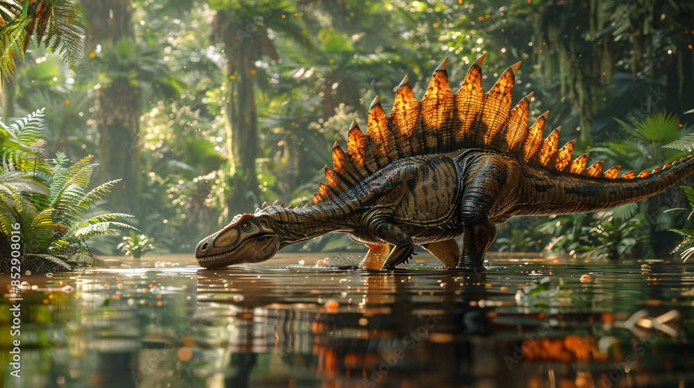 A spinosaurus with its sail-like dorsal fin emerging from a tranquil ...