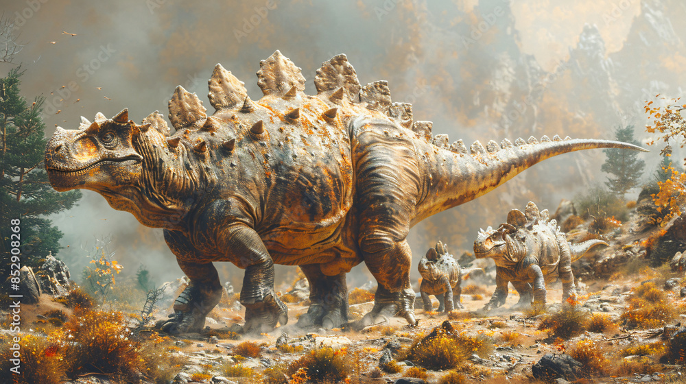 A family of stegosaurus, with a large adult and two smaller juveniles ...