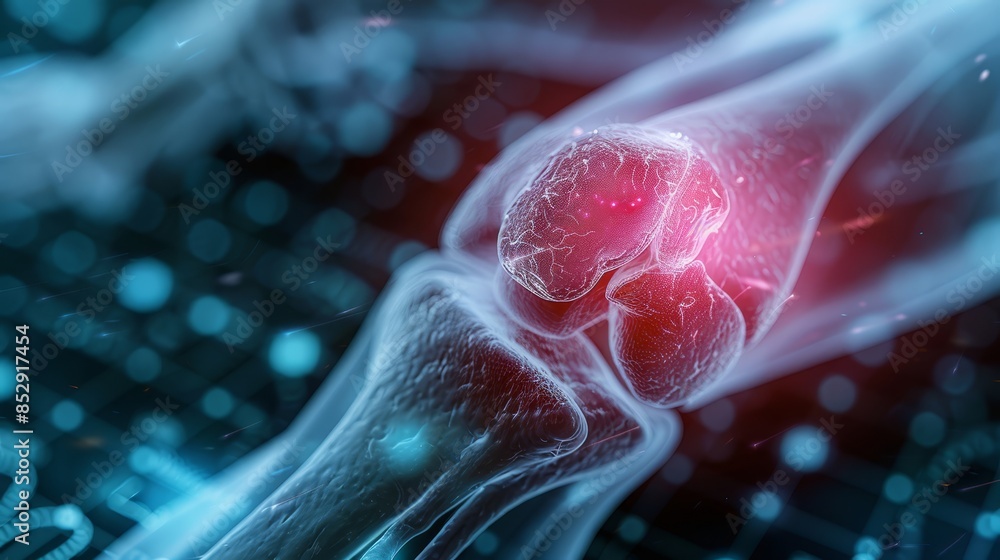 Human knee joint with highlighted areas of pain, focus on, medical ...