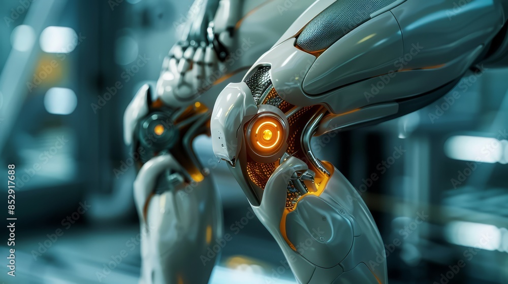 Robotic enhancement of human knee joint, close up, biomechanical ...