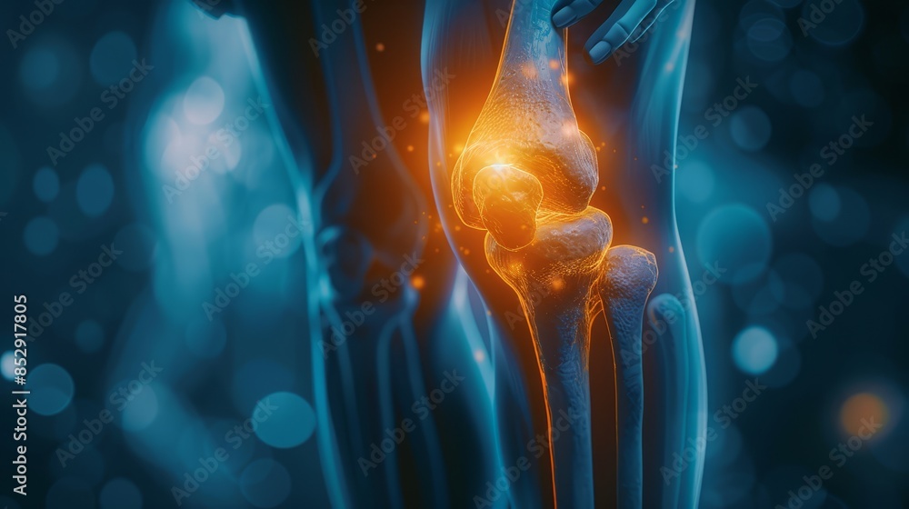 Human knee joint with highlighted areas of pain, focus on, medical ...