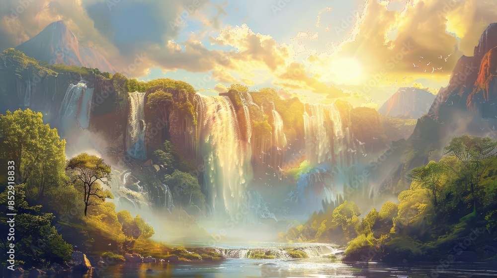 majestic waterfall landscape with sun in sky illustrating genesis 11 ...