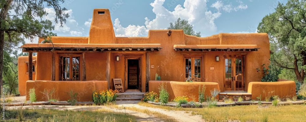 Traditional pueblo revival house with adobe walls. Stock Illustration ...