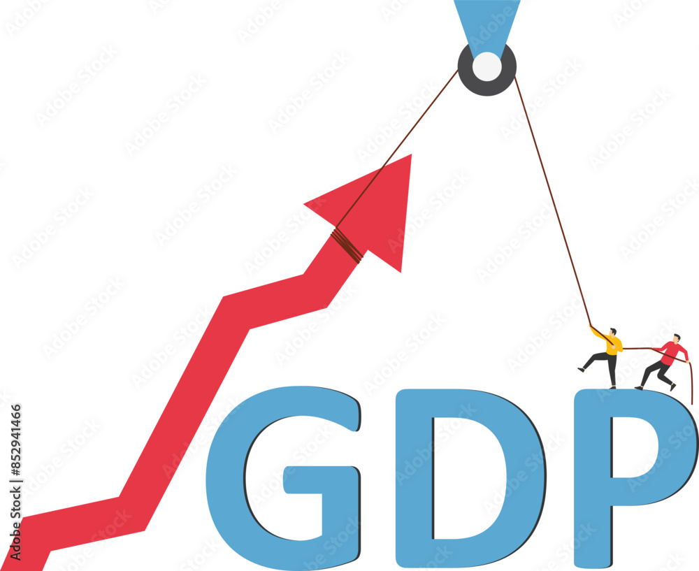 Business person use a fixed pulley to pull the arrow upwards in an ...