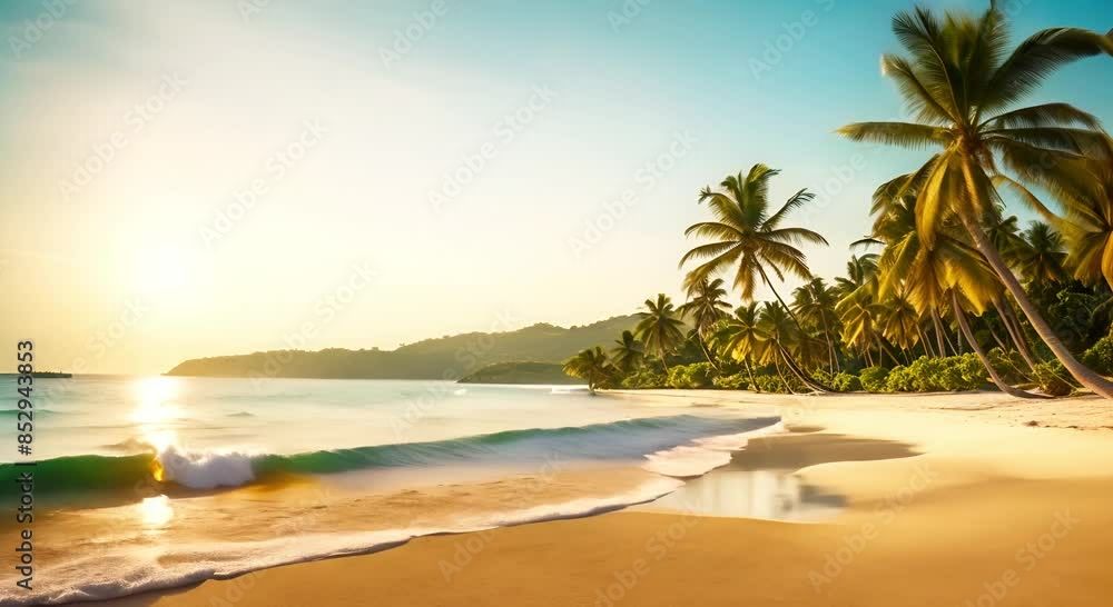 Sunset beach with golden light and silhouette palm trees. Golden sunset ...