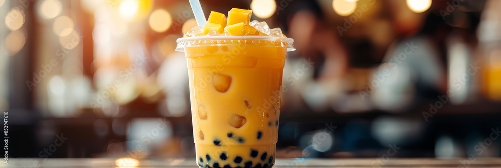 Delightfully sweet and creamy mango bubble tea filled with chewy boba ...