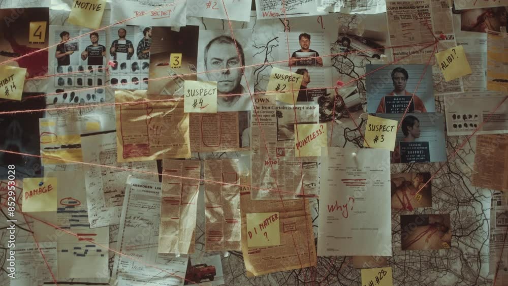 Close-up view of evidence board with clues, mugshots, geographic maps ...