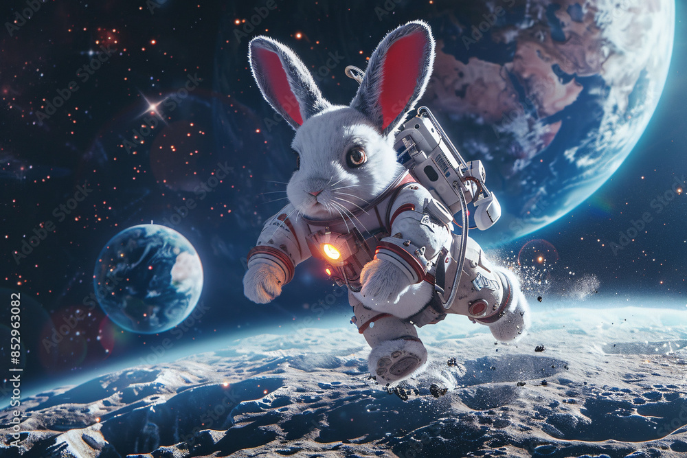 A cyberpunk tech bunny rabbit astronaut in a space suit with a jetpack ...