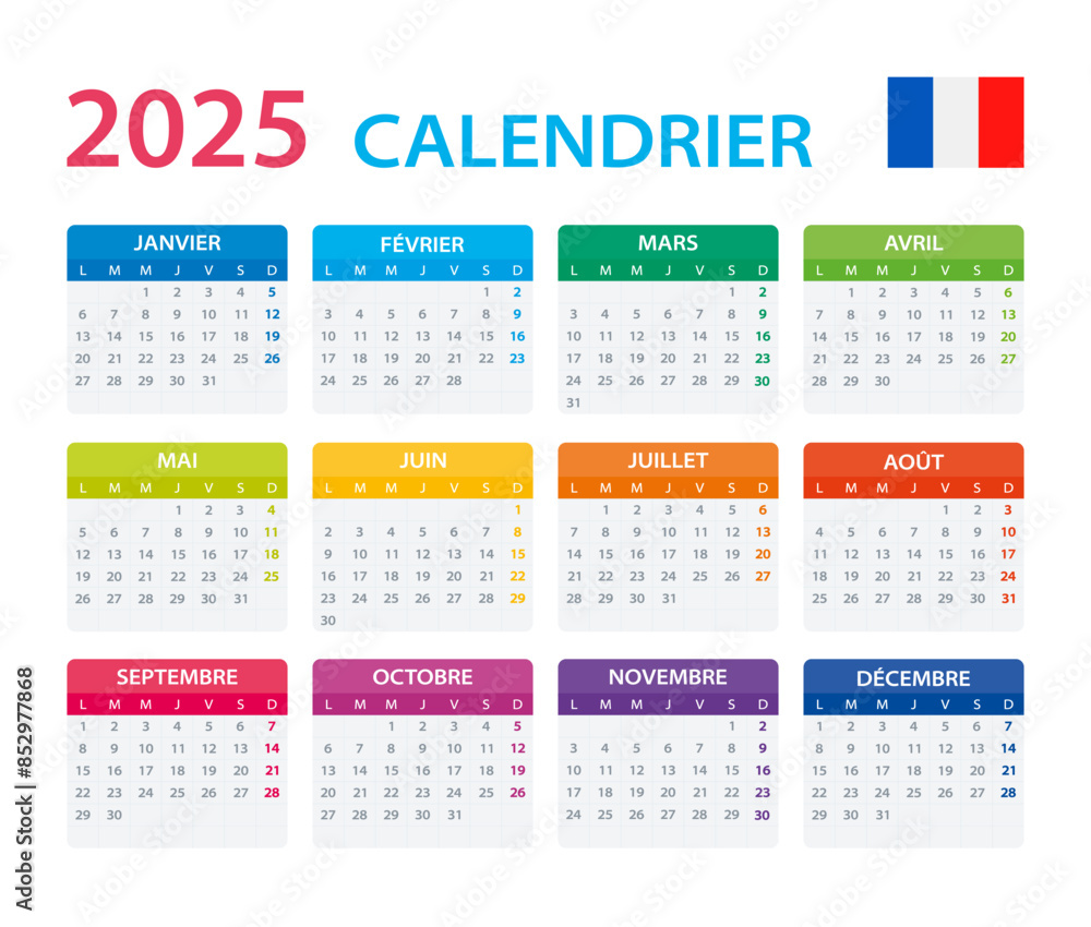 2025 Calendar French - vector illustration, French version. เวกเตอร์ ...