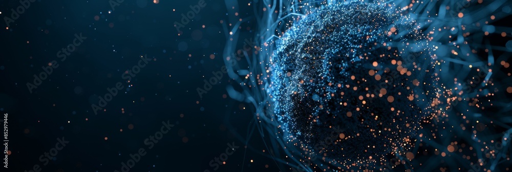 Dark blue background with a detailed digital particle sphere, creating ...