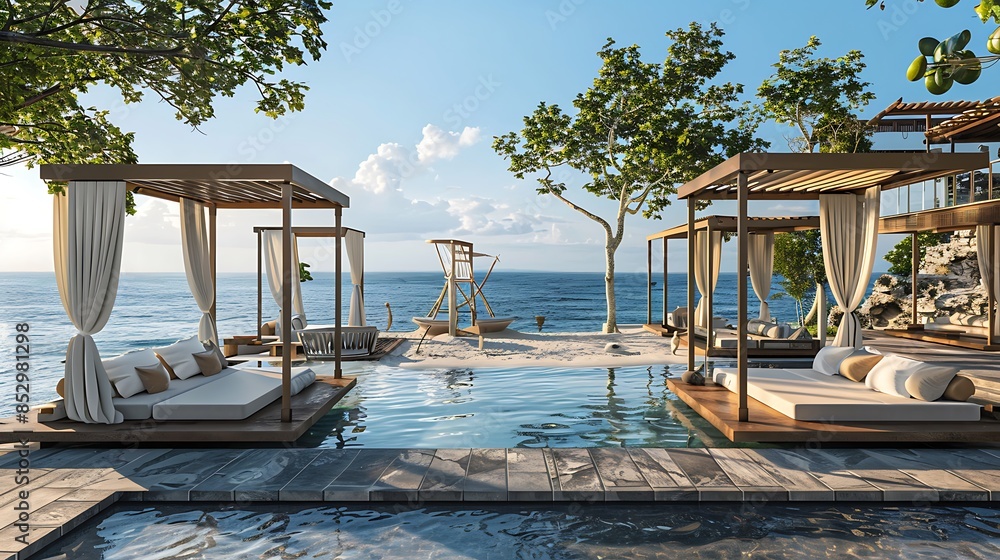 elegant beach club with private cabanas, a saltwater infinity pool, and ...