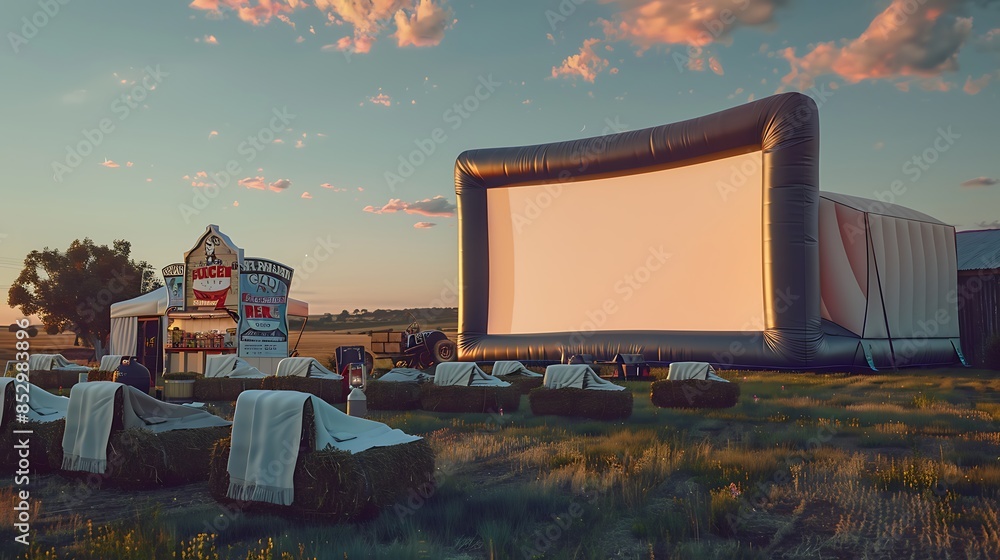 outdoor cinema set in a meadow, with a large inflatable screen, hay ...