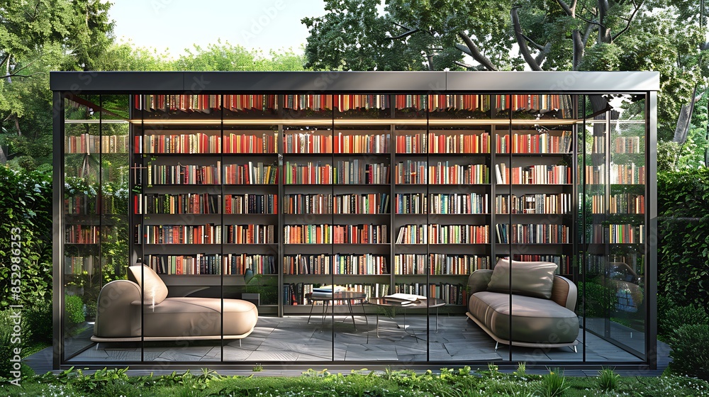 outdoor reading room with a library wall protected by a transparent ...