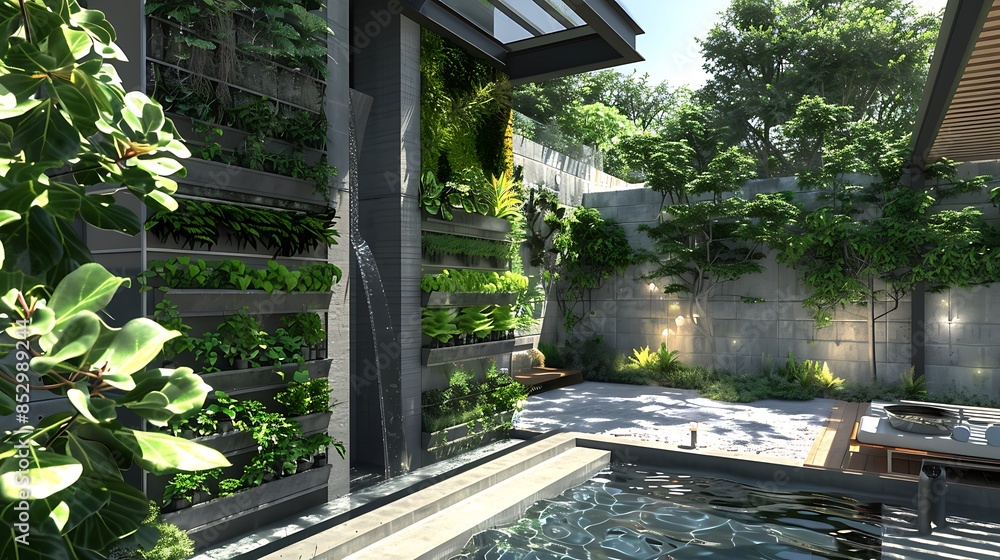 biophilic design patio with integrated plant walls, sustainable ...