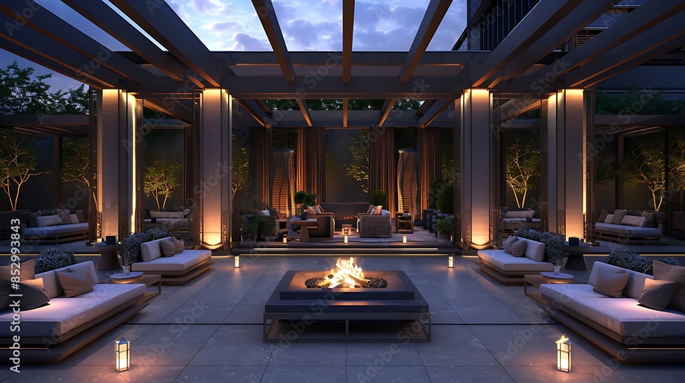 high-end outdoor lounge with retractable roofs and walls, equipped with ...