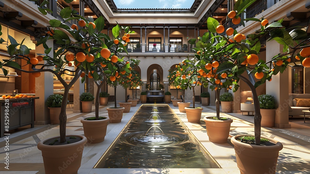 Mediterranean-style courtyard with a central water feature, surrounded ...