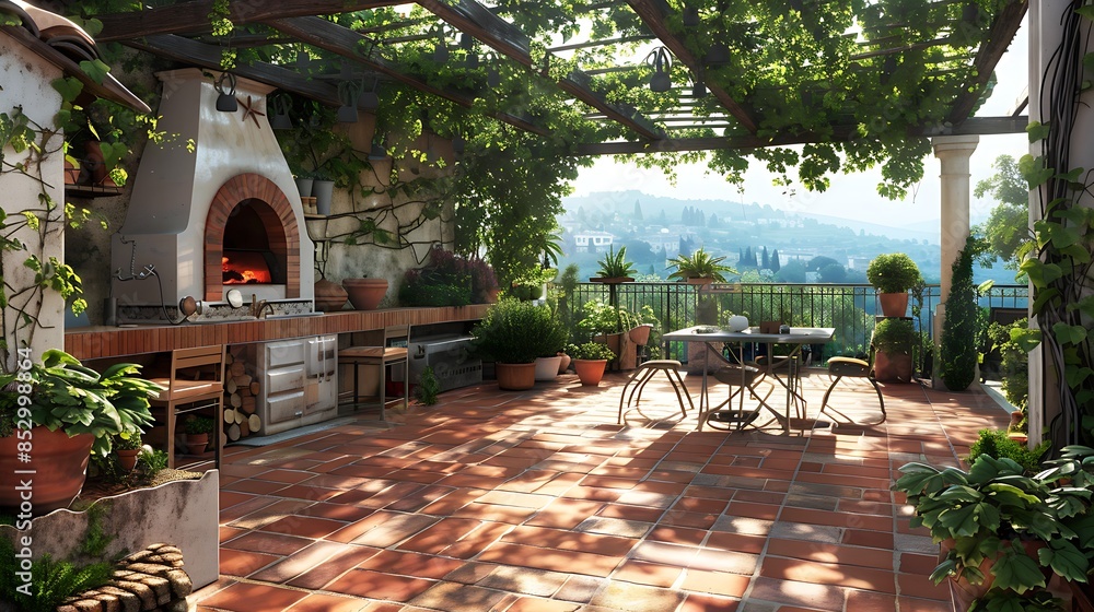 Mediterranean terrace with terracotta tiles, a pergola covered in ...