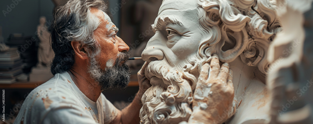 An artist sculpting a life-sized statue of a famous historical figure ...
