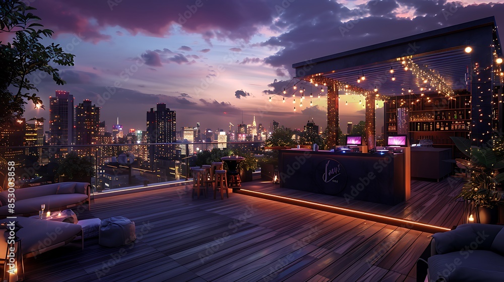 rooftop party deck with a dance floor, DJ booth, and bar, all set ...