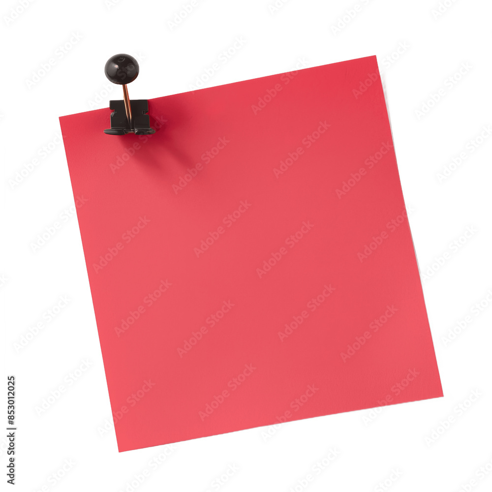 Blank red sticky note with black push pin isolated on transparent ...
