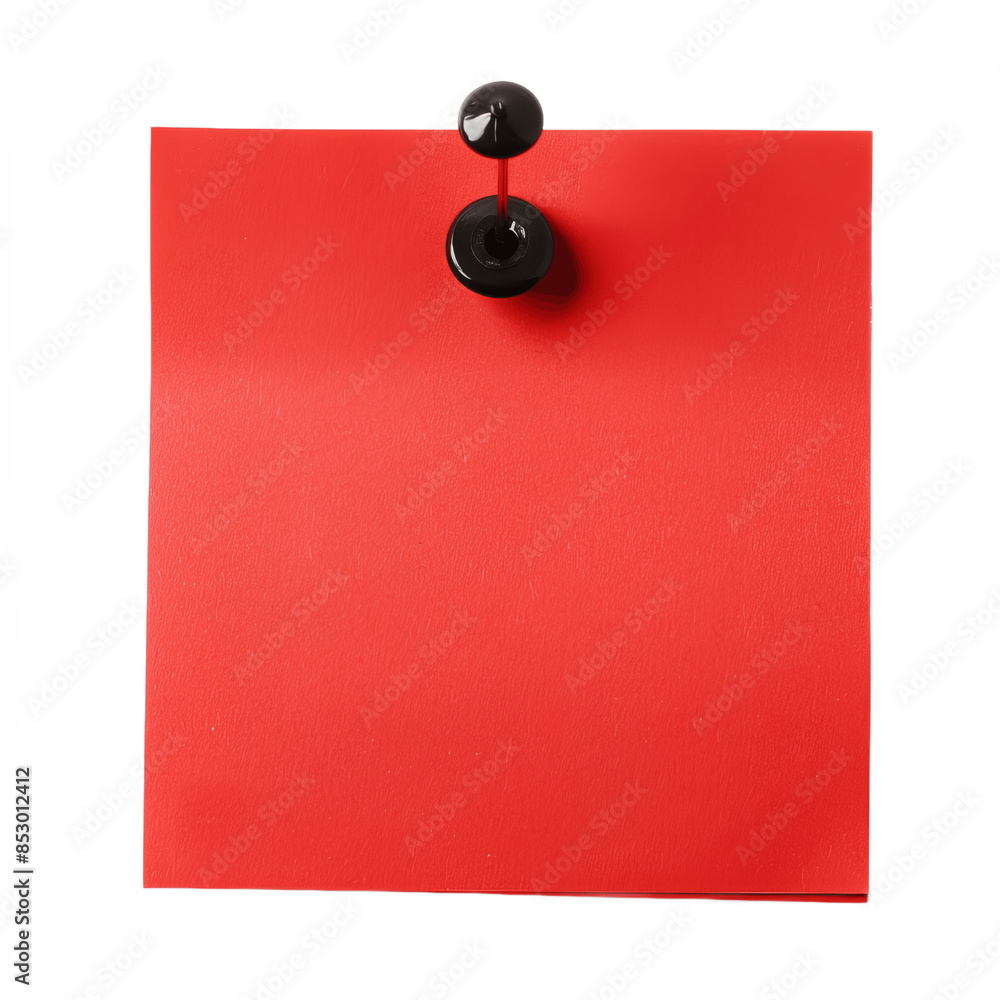 Blank red sticky note with black push pin isolated on transparent ...